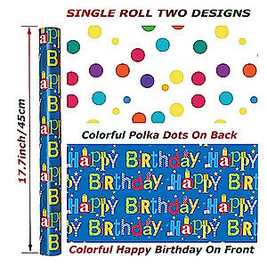 U'COVER Reversible Happy Birthday Wrapping Paper Roll for Kids Boys Girls - Birthday Greeting,Polka Dots Design Gift Wrapping Paper for Women Men Baby Shower Holiday 17.7inch×394inch Single Rolls
