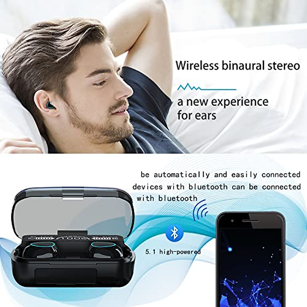 ＷＭＷＹＭＸ Wireless Earbuds Hi-Fi Stereo Deep Bass Bluetooth Fast Charging in-Ear Headphones Touch Control Headphones for Sports Office Cordless Earphones for iPhone/Android