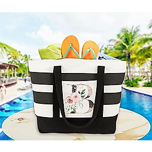 PARBEE Initial Canvas Tote Bag, Stripe & Floral Monogrammed Tote Bag with Pocket Top Zipper, Large Beach Bags Monogram Gift for Women Bridal Shower Wedding Birthday Mom Teachers, B