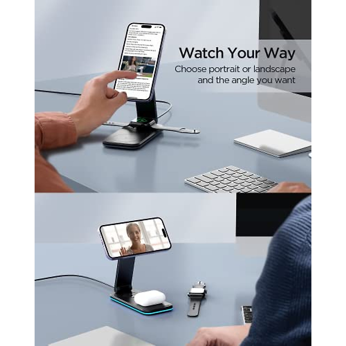 Mag-Safe Wireless Charger-Hohosb 3 in 1 Mag-Safe Charging Station,Magnetic Foldable Charging Stand for iPhone 14/13/12 Series,AirPods Pro/2/3,iWatch 8/7/6/SE/5/4/3/2-Black(18W Adapter Included)