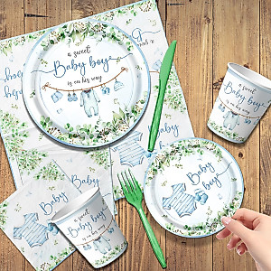 Greenery Baby Shower Tableware Set,Watercolor Blue Boy Baby Shower A Sweet Boy Is On His Way Plates and Napkins Sets Include Plates Napkins Cups Tablecloth for Boy Baby Shower Gender Reveal Supplies
