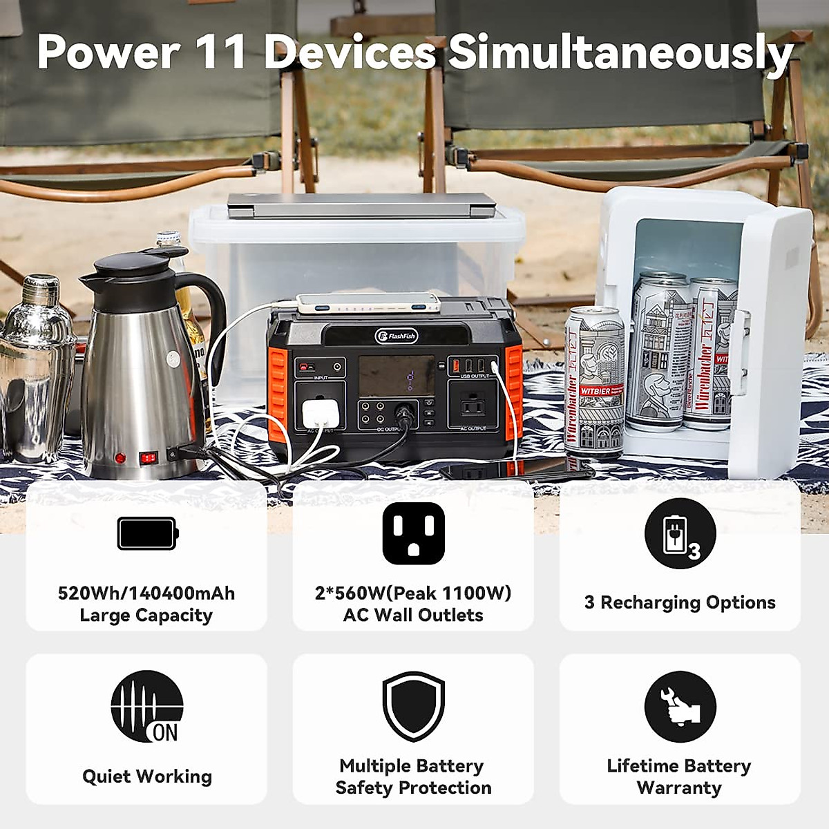 FF FLASHFISH 560W Portable Power Station, 520Wh/140400mAh Solar Generator With 2x110V/560W Surge 1100W AC Outlets, 5xDC Output and 4xUSB Outputs, Backup Power CAPA Battery For Camping/Home/Blackout