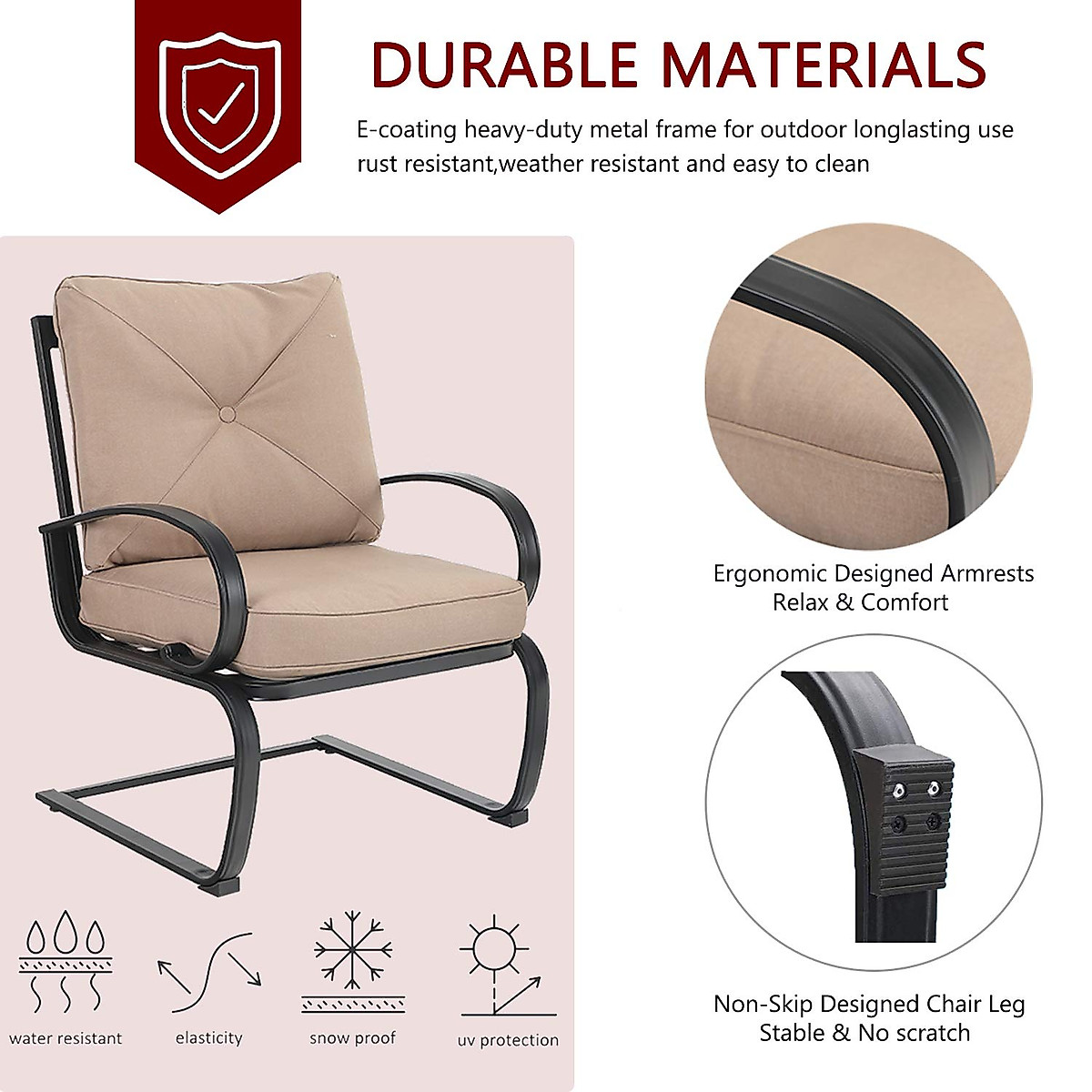 MFSTUDIO 2PCS Patio Bistro Dining Spring Motion Chairs Outdoor Furniture for Backyard, Garden with Removable Cushion Seat, Metal Frame, Beige