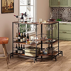 kepptory L-Shape Bar Table, 3-Tier Liquor Bar Table with Storage & Glasses Holder & Footrest, Farmhouse Wine Bar Cabinet for Home, FreeStanding Sideboard and Buffet Cabinet, Retro Brown