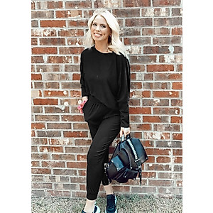 PRETTYGARDEN Women's Fall Fashion Outfits 2 Piece Sweatsuit Long Sleeve Pullover Long Pants Ribbed Matching Lounge Set (Black,X-Large)