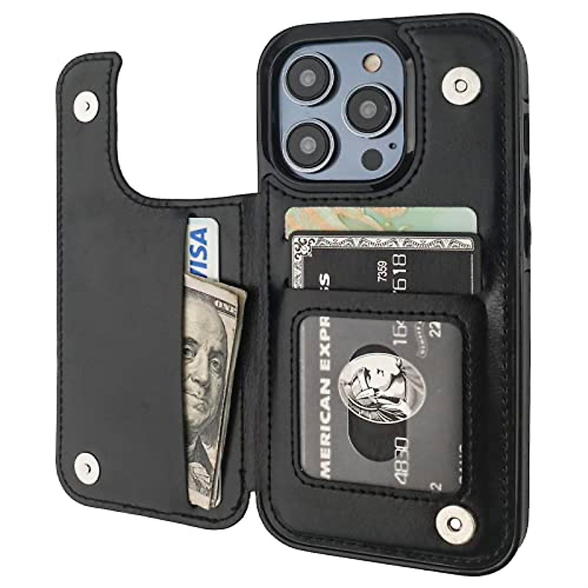 Onetop Compatible with iPhone 14 Pro Wallet Case with Card Holder, PU Leather Kickstand Card Slots Case, Double Magnetic Clasp and Durable Shockproof Cover 6.1 Inch (Black)