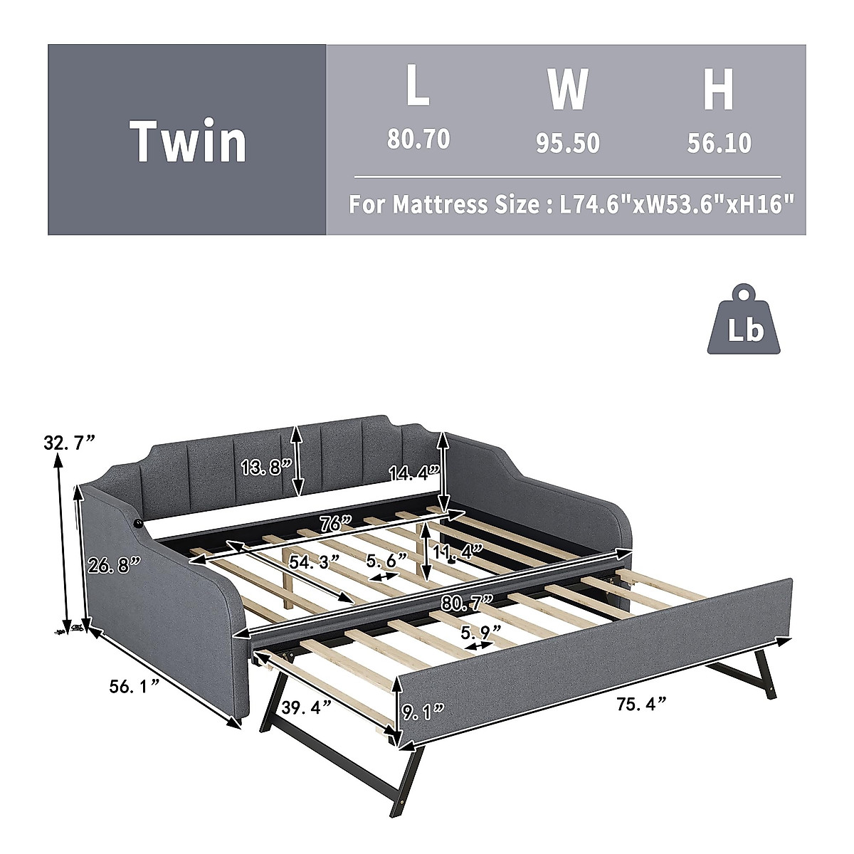 LUSPAZ Upholstered Elegant Daybed with Adjustable Pop Up Trundle and USB Charging Design, Full Size Sofa Bed with Button Design, Wood Slat Support Daybed for Family, Teens, (Gray + Pine)