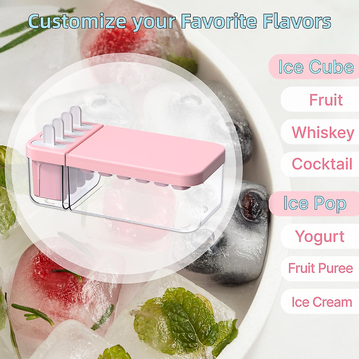 Ice Cube Tray with Lid and Bin, 24pcs Ice Cube Molds and 4pcs Popsicles Molds with 4 Reusable Popsicle Sticks, 1 Ice Scoop, Ice Cube Trays for Freezer, Whiskey, Cocktails (Pink), Masjenbu