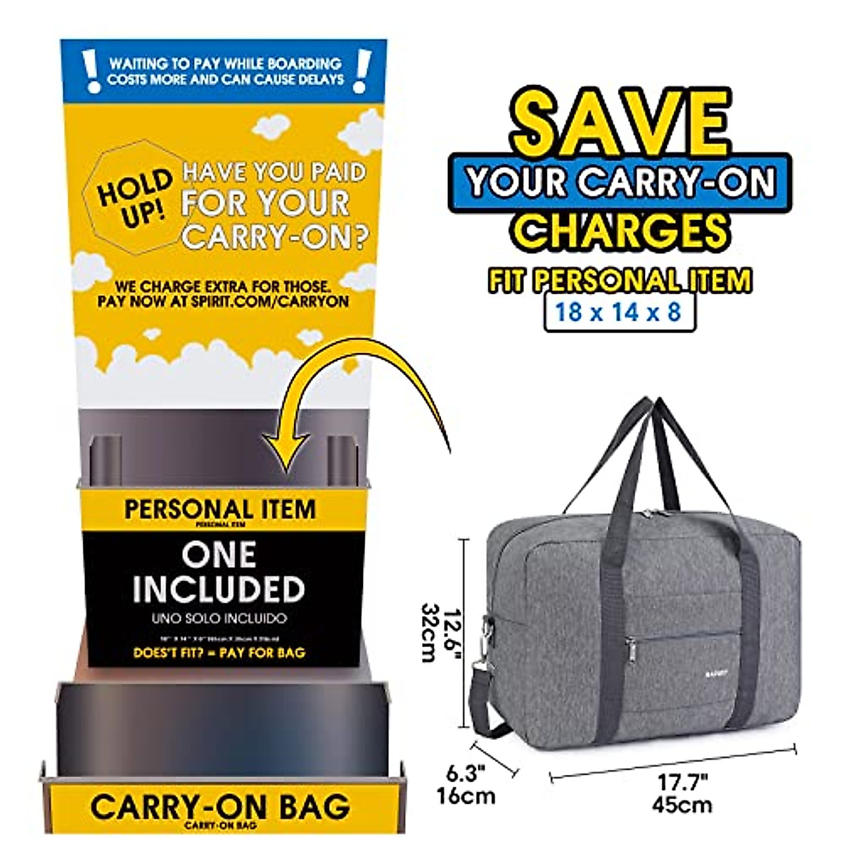 For Spirit Airlines Personal Item Bag 18x14x8 Foldable Travel Duffel Bag Tote Carry on Luggage Duffle Overnight for Women and Men (Thick Series Grey (with Shoulder Strap))