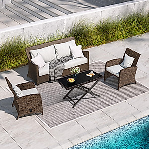 JOINHOM Patio Coffee Table Height Adjustable - Outdoor Coffee Side Table with Waterproof, Rust-Proof, Patio Tables Rectangle Coffee Tables Fit with Patio Conversation Set, Dark Brown