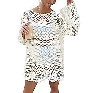 Prinbara Womens Vacation Dress Coverups Beachwear Clothes Sexy Crochet Cover up Tops Summer Swimsuit for Women Beach Outfit Bikini Swimwear 2023 Fashion Trendy Bathing Suit 9PA58-baise-M White