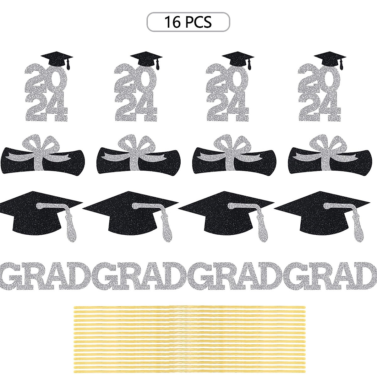 Silver Grad Centerpiece Sticks Class of Party Decor Black Cap Toppers Graduation Arrangement Supplies 16 Pieces