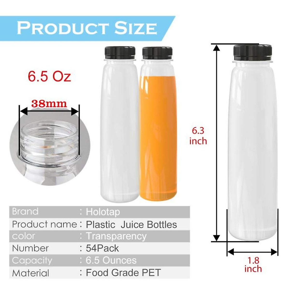 Holotap 54 Pack 7OZ Plastic Bottles with Caps, Empty PET Disposable Plastic Juice Bottles Bulk for Liquids with Black Tamper Evident Lids (7 OZ, Black)