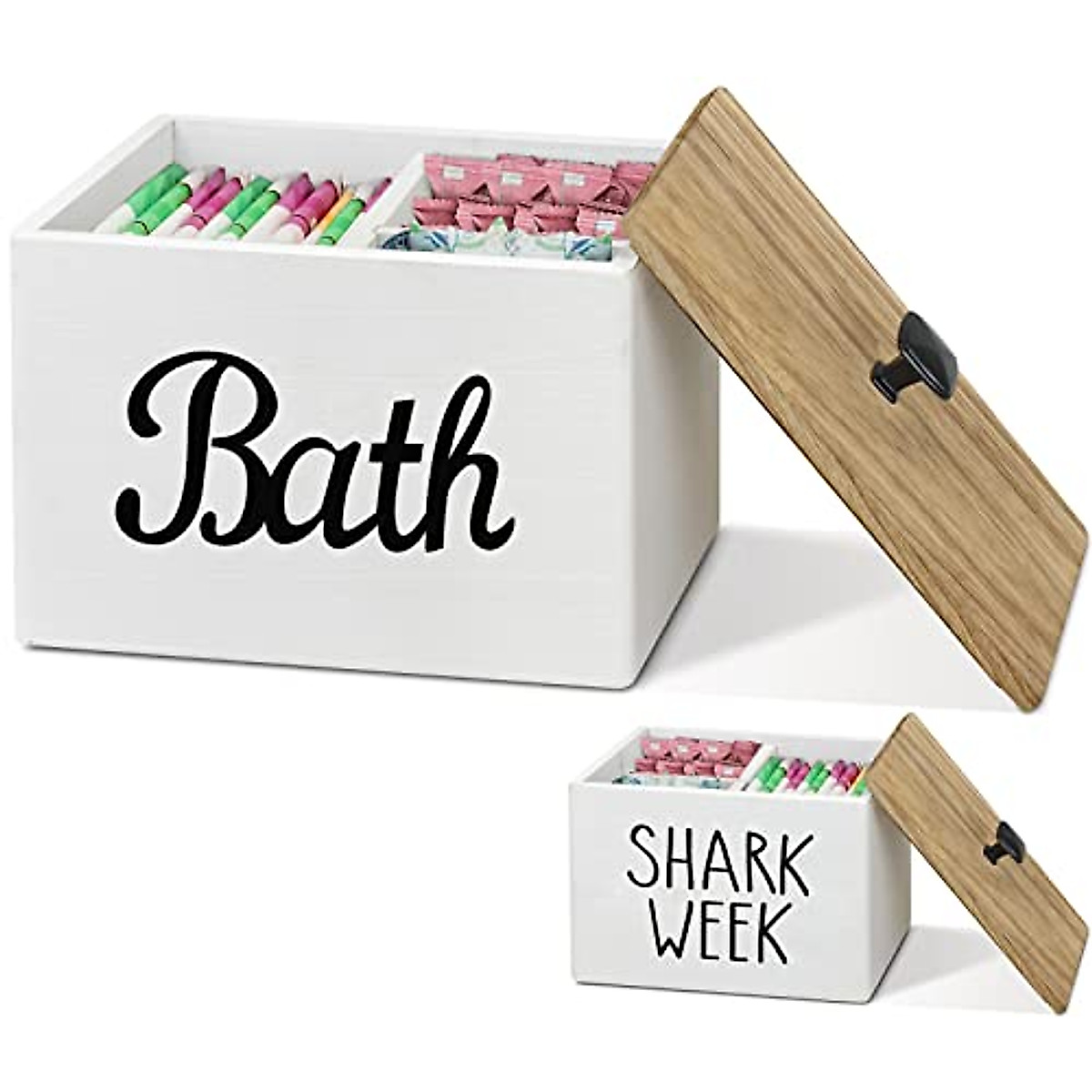 Tampon and Pad Holder Organizer for Bathroom, Decorative Bathroom Container with Lid, Bathroom Accessories Organizer Storage Box, Wood 3 Compartments Cotton Swab Ball Qtip Container with Lid