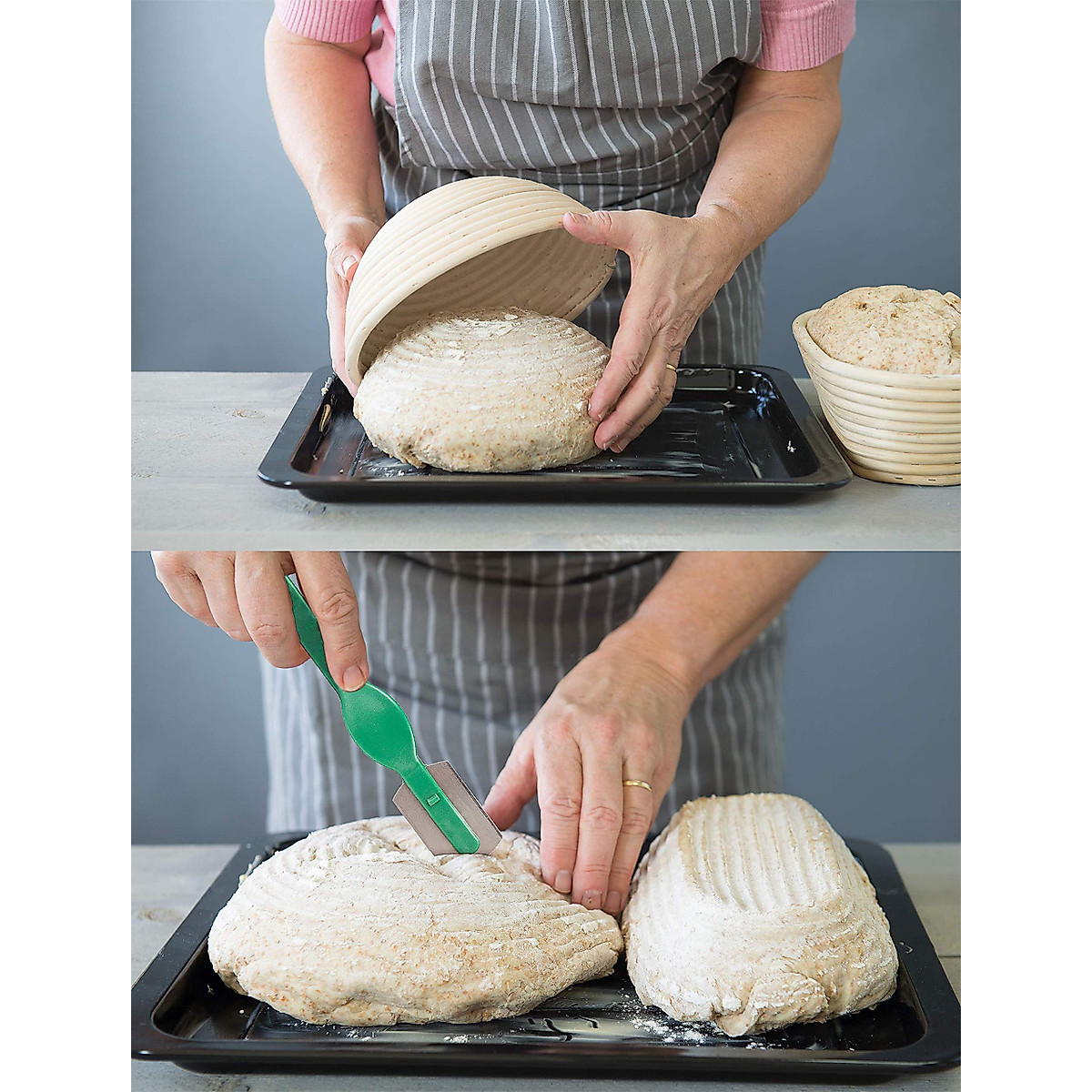 Banneton Bread Basket – Sourdough Proofing Set – Bread Bowl & Linen Liner Cloth + Lames – Rattan Basket No Smell – Bread Bag Included – 10” Brotform – for Homemade Bread