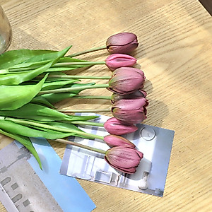 Aoivrb 5 PCS Fake Tulips Flowers PVC Real Touch Tulips Artificial Plastic Flower Fake Bouquet Table Arrangements Gift for Home Office Party Wedding Birthday Garden Store Decoration (Light PRURPLE)…