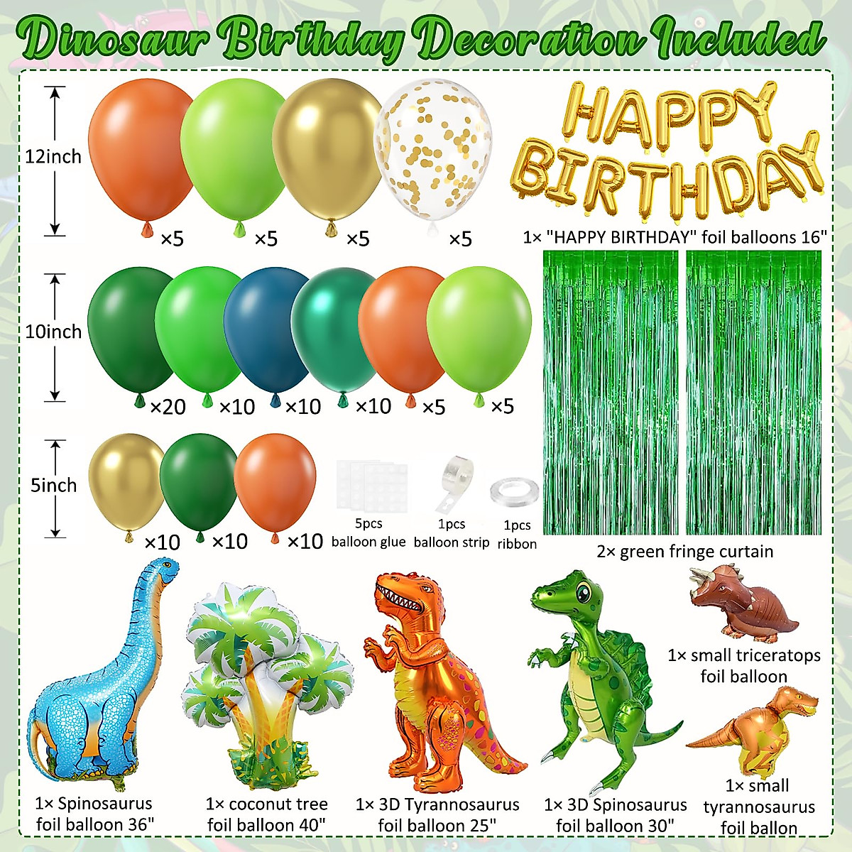 Dinosaur Birthday Party Decorations, 126Pcs Dinosaur Green Blue Orange Balloons Garland Arch Kit Happy Birthday Dino Foil Balloons Curtain for Boys Kids Jungle Safari Dino Themed Party Baby Shower