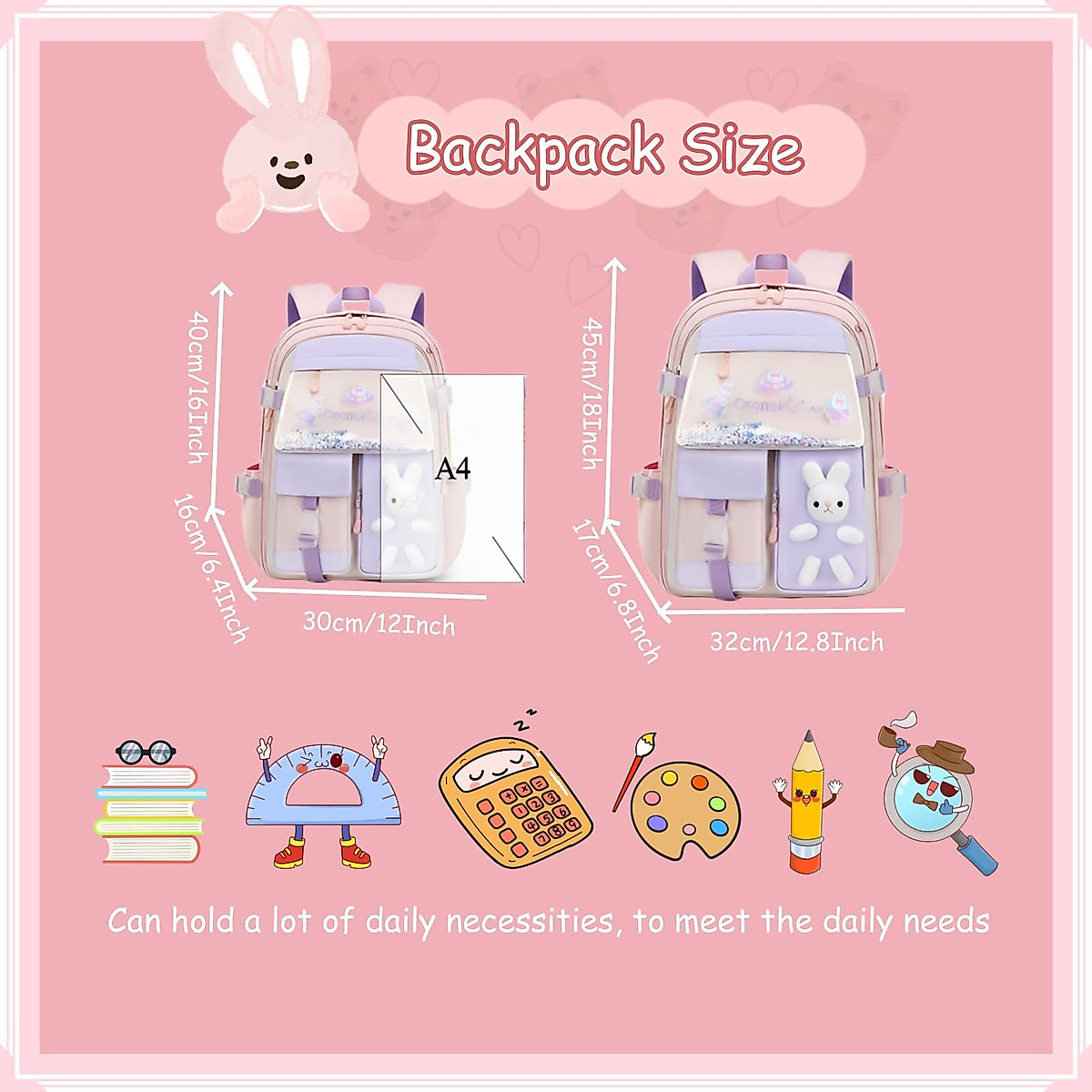 VIDOSCLA Bunny Girls Backpack for School Kawaii Kids Girls Book bags Cute Sequin School Bag for Girls