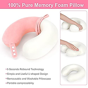 Travel Neck Pillow, Best Memory Foam Neck Pillow Head Support Soft Pillow for Sleeping Rest, Airplane Car & Home Use (Grey) (Pink)