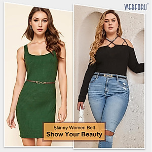 WERFORU Women 3 Pack Skinny Belt for Dress,Thin Waist Belt - Adjustable Leather Belt with Gold Buckle, A-DarkBlack+Brown+White, Fit Waist Size below 37 Inches-