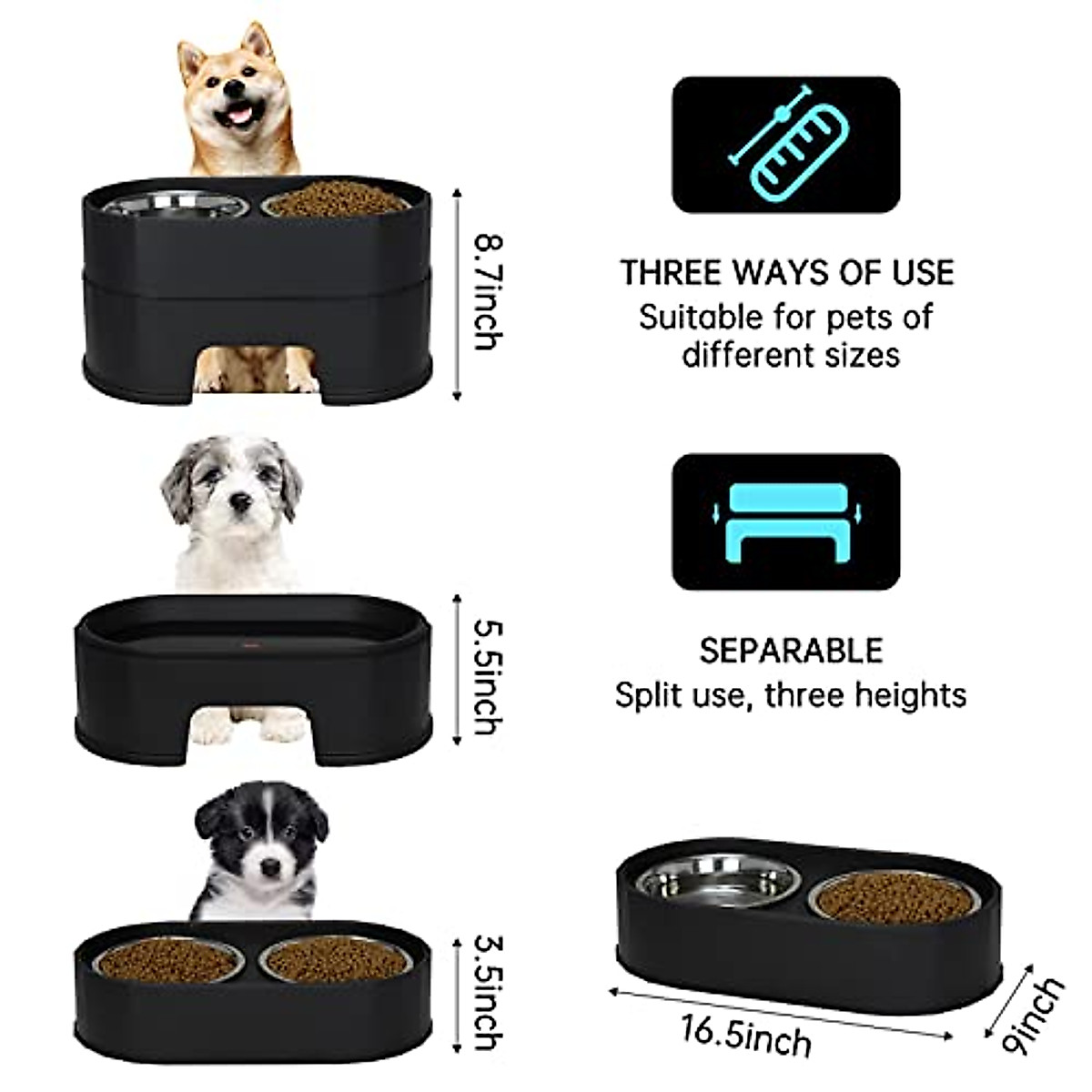MASOCAT Raised Dog Bowls,Stainless Steel Dog Food Dish and Pet Water Bowls,Elevated Height Adjustable Double Bowl with Stand for Small Medium Dogs and Cats (Black)
