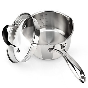 AVACRAFT Stainless Steel Saucepan with Glass Strainer Lid, Two Side Spouts for Easy Pour with Ergonomic Handle, Multipurpose Sauce Pot (Tri-Ply Capsule Bottom, 2.5 Quart)