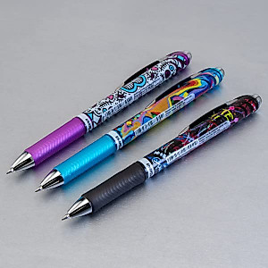 Pentel EnerGel RTX Impressions Gel Pen 0.7mm Med, Assorted Stylish Barrel Accents, Refillable Black Ink, 3 Pack