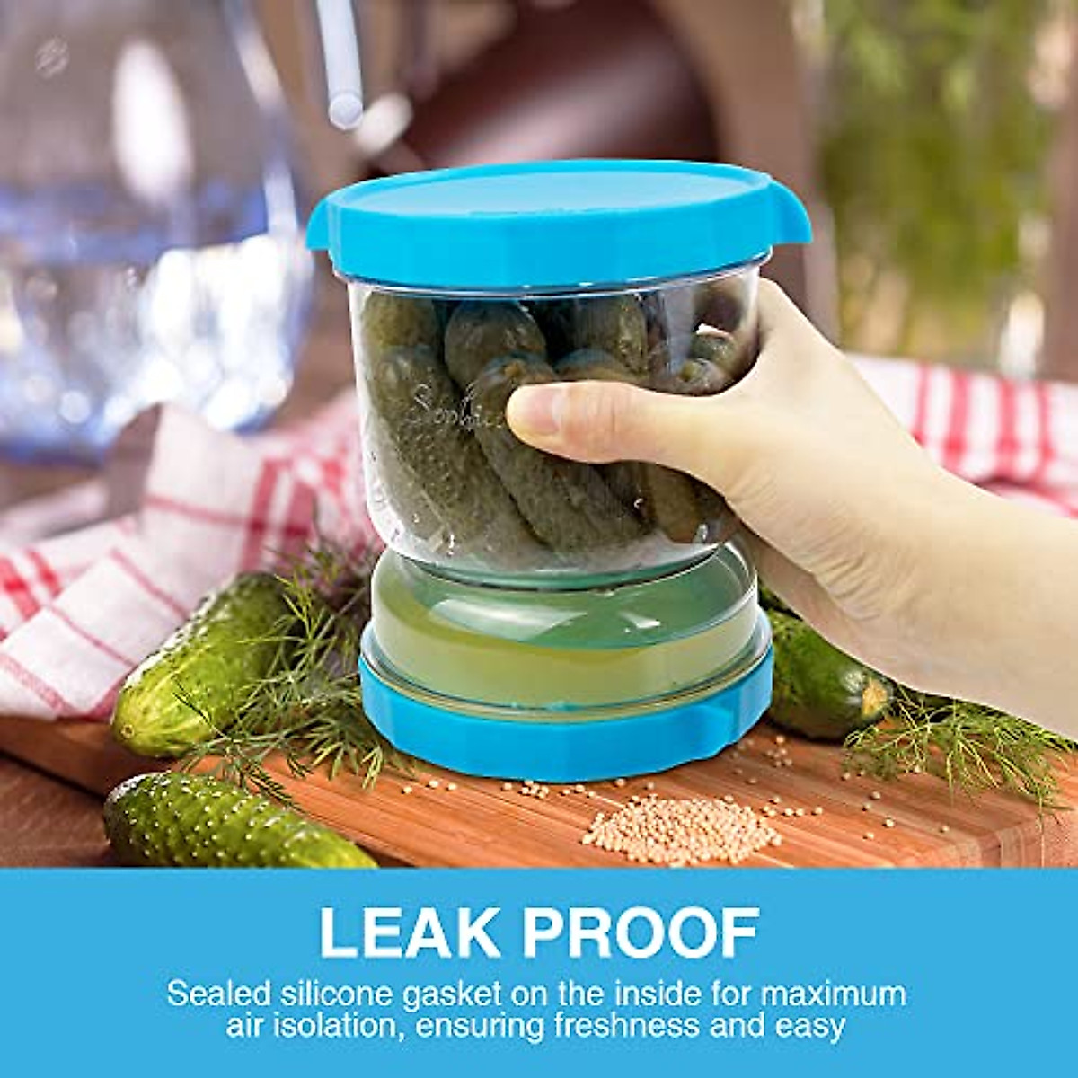 SOPHICO Pickle and Olives Jar Container with Strainer Flip, Leak-proof Juice Separator Hourglass Food Saver Storage Container (Transparent Blue)