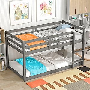 Ochangqi Kids Bunk Bed Twin Over Twin with Stairs and Rails for Kids Toddler Girls Boys,Pine Wood,Easy Assemble, Convertible to Low Profile Loft Bed (Grey)