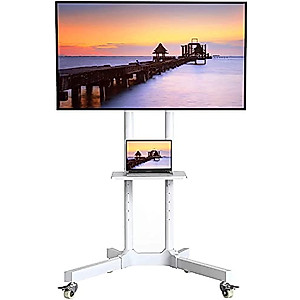 Mobile TV Cart with Wheels for 32-83 Inch LCD LED 4K Flat Curved Screen TVs- Height Adjustable Rolling TV Stand Hold Up to 132 lbs- Trolley Floor Stand with Tray Max VESA 600x400mm White PSTVMC01W
