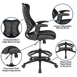 Flash Furniture High Back Designer Black Mesh Drafting Chair with LeatherSoft Sides and Adjustable Arms