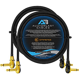 2 Units - 4 Foot - Audioblast HQ-1-BRAID (Black) - Ultra Flexible -Dual Shielded(100%) -Instrument Effects Pedal Patch Cable w/Low-Profile, R/A Gold Pancake TS(6.35mm) Plugs & Dual Staggered Boots
