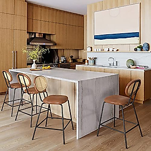 Indoor/Outdoor Faux Leather Bar Stools Set of 4,Rattan and Wood Backrest with Metal Legs，Modern Upholstered Square seat Chair Counter Height Barstools for Bistro Home Office Restaurants,24",Red Brown