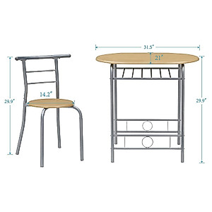 VECELO 3 Piece Wood Round Table & Chair Set for Dining Room Kitchen Bar Breakfast, with Wine Storage Rack, Space Saving, Natural