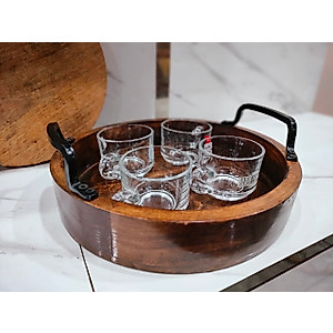 Handcrafted Antique Rustic Wooden Round Serving Trays Round with Handles Brown Kitchen Accessories Set of 2