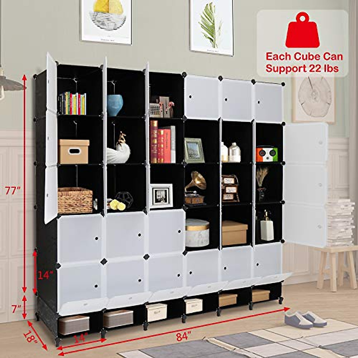 VINGLI Cube Storage Organizer, Plastic Closet Cabinet, DIY Plastic Modular Book Shelf Unit, Cube Shelves with Doors and Hanging Rods, White 30 Cubes