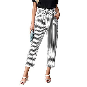 GRACE KARIN Women's Frilled Waist Striped Print Work Pants for Office Business with Belt