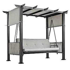 PAMAPIC 3-Seat Patio Swing Chair,Outdoor Patio Swing Bed with Adjustable Curtains,Porch Swing Bed for Balconies, Gardens and Poolside,Grey