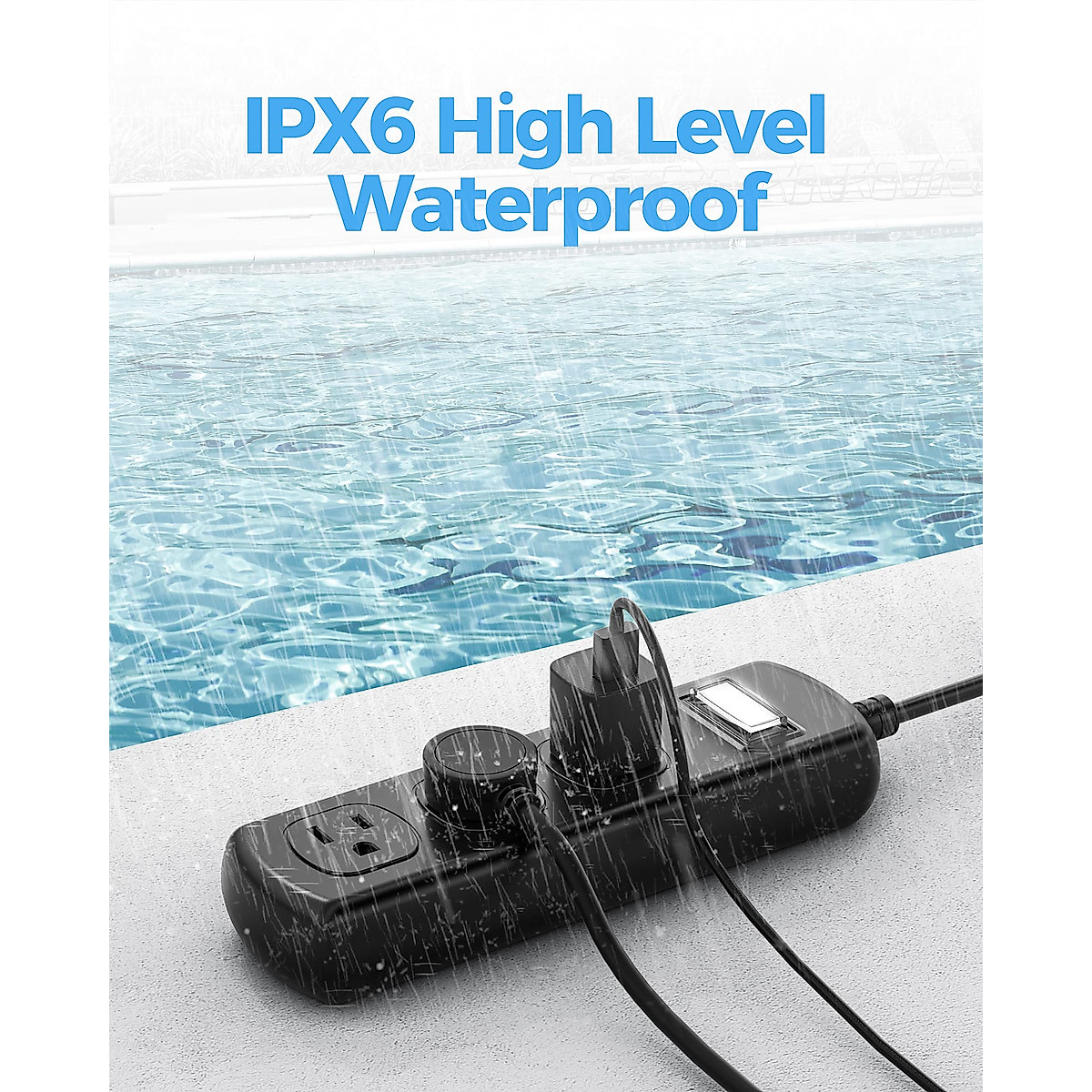 Outdoor Power Strip Weatherproof, 6 FT Extension Cord, Waterproof Surge Protector with 3 Wide Outlets, 1875W Overload Protection, Shockproof Outlet Extender for Kitchen Patio Christmas Lights, Black