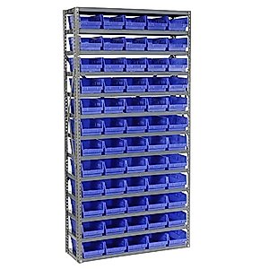 Global Industrial 13 Shelf Steel Shelving with (60) 4" H Plastic Shelf Bins, Blue, 36x12x72