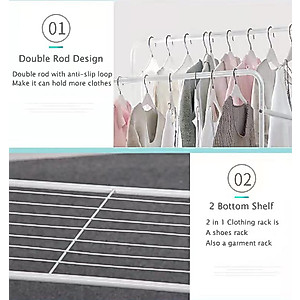 befacai Clothing Garment Rack with Shelves, Upgraded Length Cloth Hanger Rack Stand on Wheels, Clothes Drying Rack with Two Rod(31.5inch White)