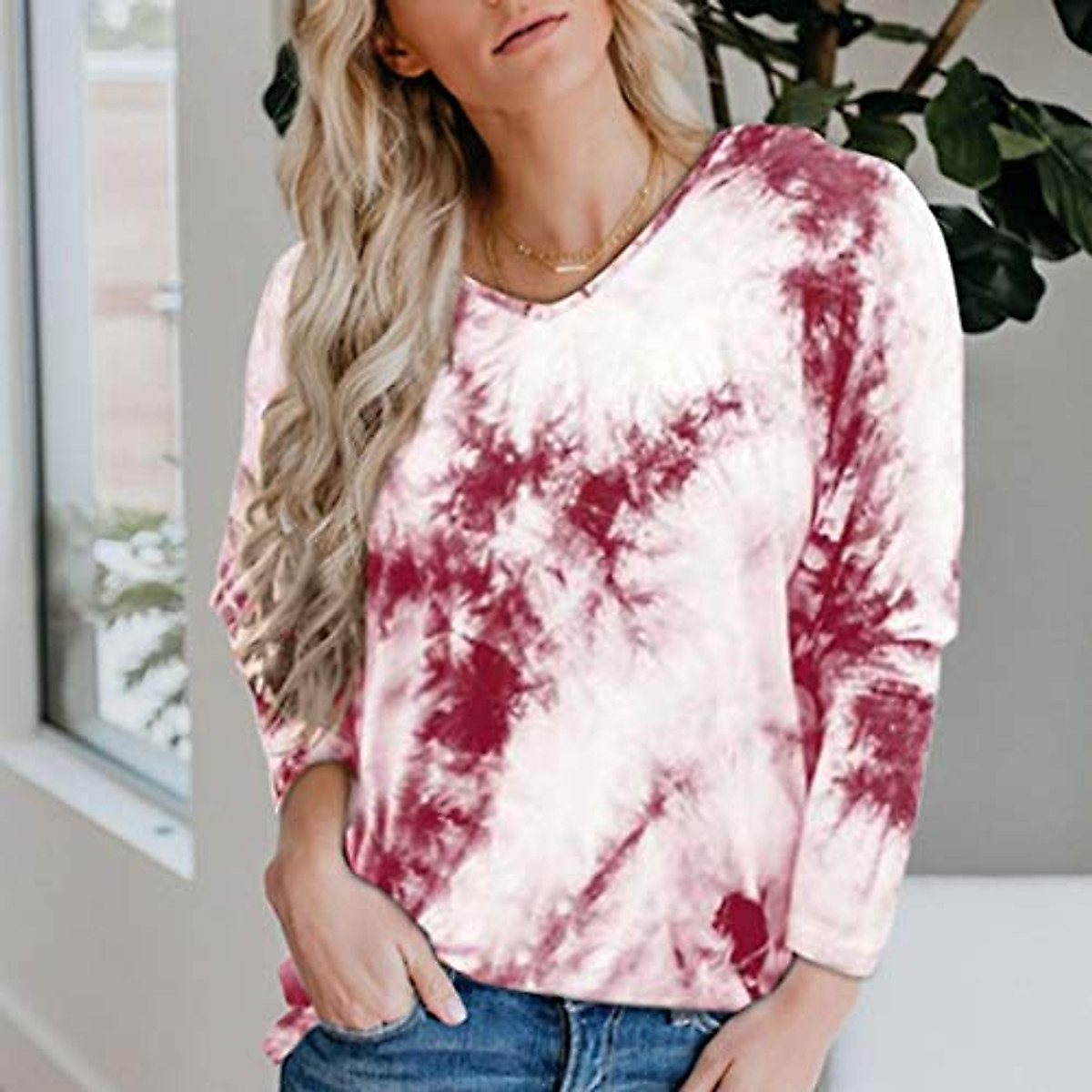 Women's Fashion Casual Tie-Dye Crewneck Knot Long Sleeve Loose Pullover Tops Red