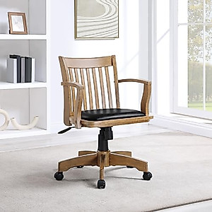 OSP Home Furnishings Deluxe Wood Banker's Desk Chair with Padded Seat, Adjustable Height and Locking Tilt, Fruitwood Finish and Black Vinyl
