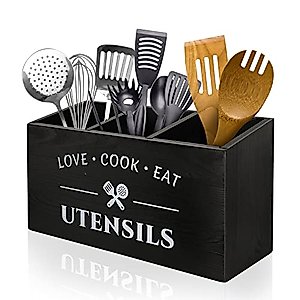 MINCORD Kitchen Utensil Holder with 3 Compartments, Rustic Wooden Utensils Storage Organizer Box Vintage Cutlery Holder, Farmhouse Flatware Utensil Caddy Countertop for Silverware Fork Spoon Spatula