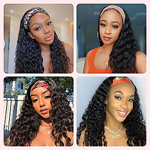 Aksice Curly Headband Wig for Black Women, Water Wave Headband Wigs with Headbands Attached, Glueless Black Half Wig 150% Density for Daily Use (26 Inch)