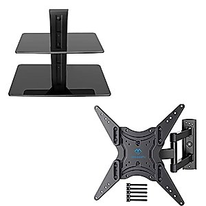 PERLESMITH Floating Wall Mounted Shelf Double AV Shelf & PERLESMITH Full Motion TV Wall Mount for 26-60 Inch TVs