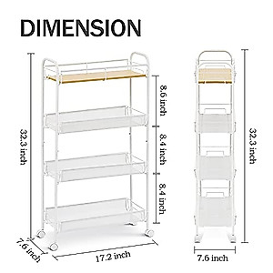 KINGRACK 4-Tier Slim Rolling Storage Cart with Wooden Tabletop,Skinny Mobile Kitchen Pantry Cart Metal with Wheels, Slide Out Utility Narrow Rolling Cart Easy Assemble for Tight Spaces, White