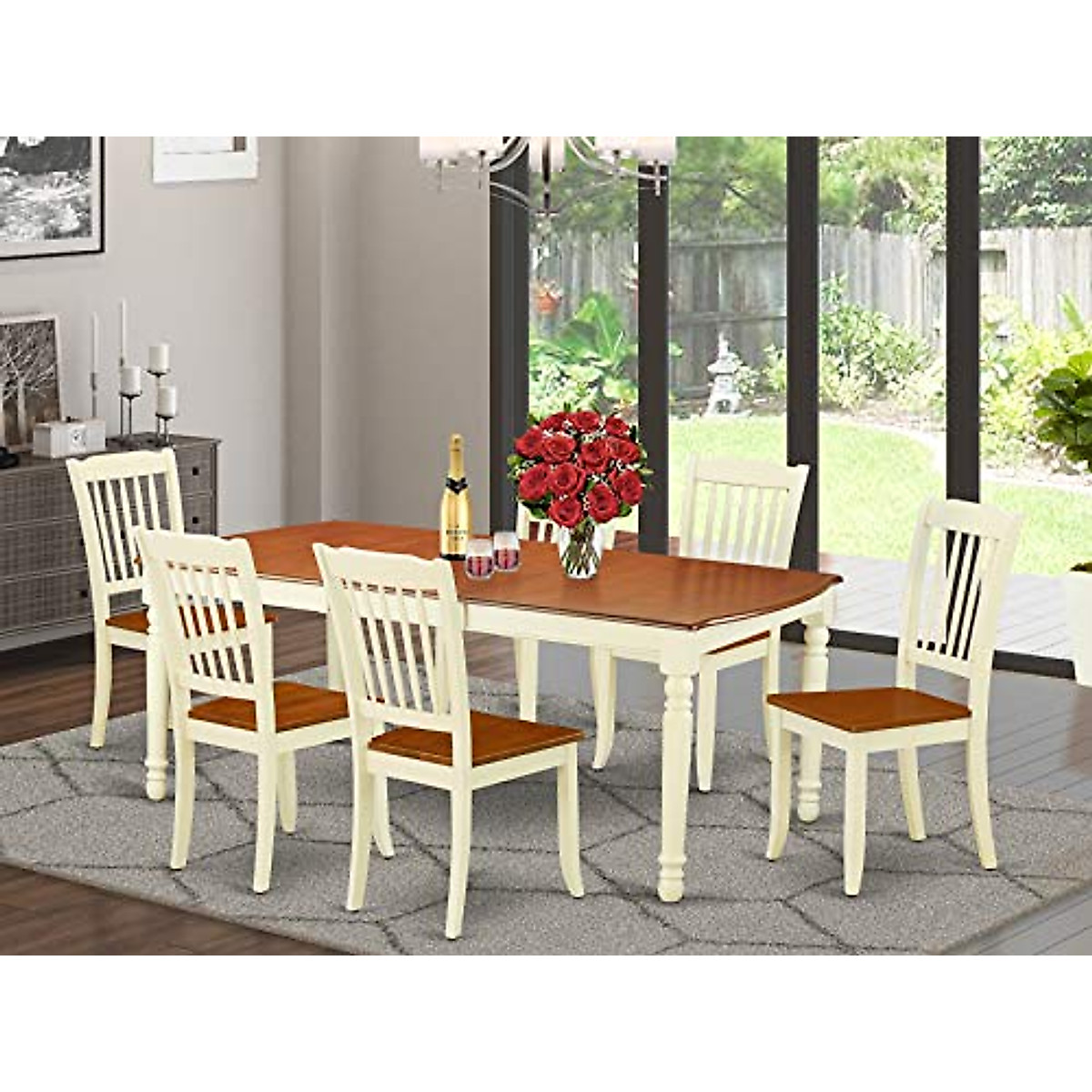 East West Furniture DODA7-BMK-W 7PC Rectangular 60/78 inch Table with 18 in Leaf and 6 Vertical slatted Chairs