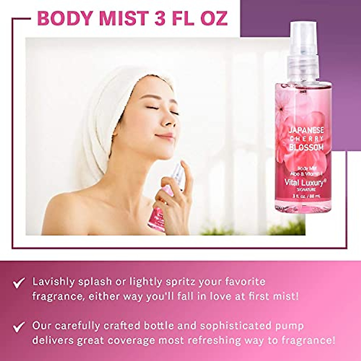 Vital Luxury Bath & Body Care Travel Set - Home Spa Set with Body Lotion, Shower Gel and Fragrance Mist (Japanese Cherry Blossom)