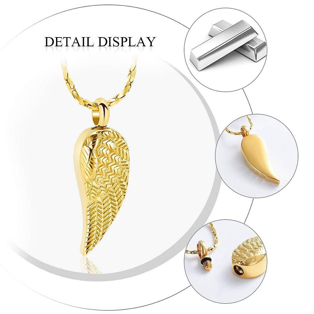 Imrsanl Angel Wings Cremation Jewelry for Ashes Pendant Stainless Steel Keepsake Memorial Urn Necklace for Human/Pets (Gold)